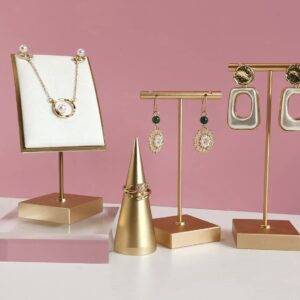 GemeShou 2pcs Metal T Bar Earring Stand Gold Single Earring Display T Stand for shows Jewelry Photography Props【Gold-Square Base 2pcs Height 4.3" and 5.1"】