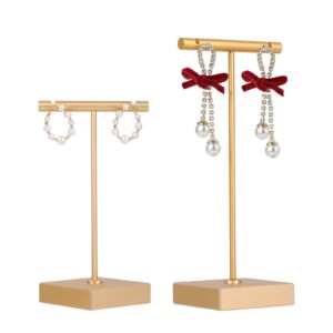 gemeshou 2pcs metal t bar earring stand gold single earring display t stand for shows jewelry photography props【gold-square base 2pcs height 4.3" and 5.1"】