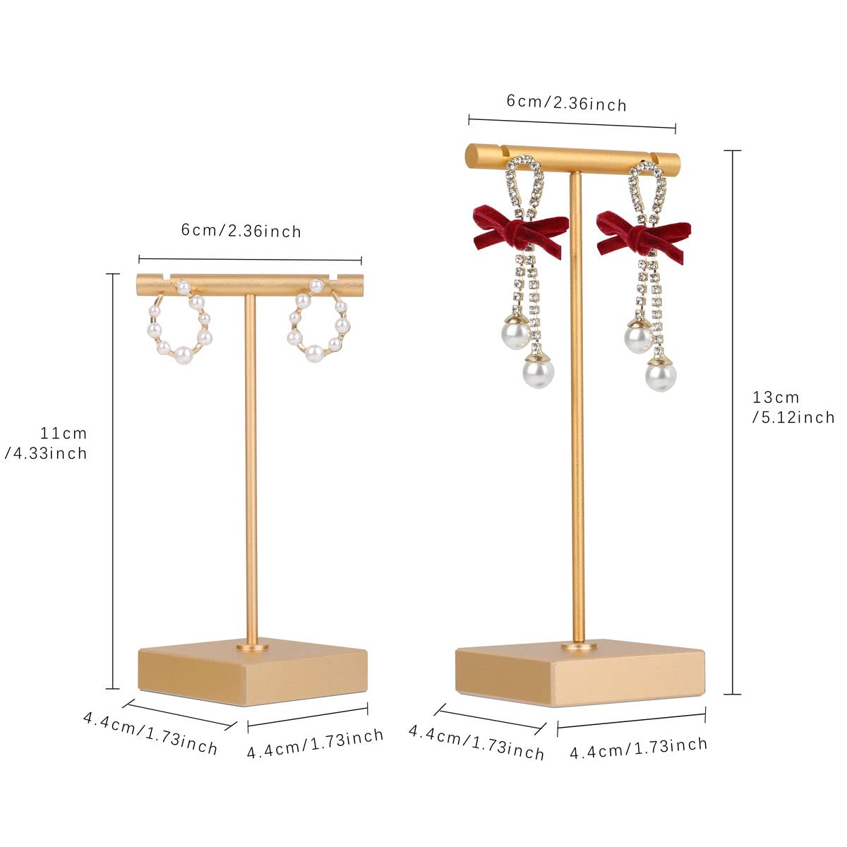 GemeShou 2pcs Metal T Bar Earring Stand Gold Single Earring Display T Stand for shows Jewelry Photography Props【Gold-Square Base 2pcs Height 4.3" and 5.1"】