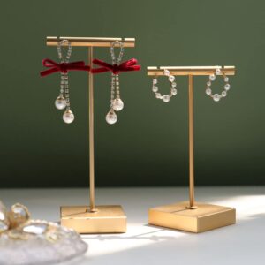 GemeShou 2pcs Metal T Bar Earring Stand Gold Single Earring Display T Stand for shows Jewelry Photography Props【Gold-Square Base 2pcs Height 4.3" and 5.1"】