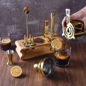 Esmula 12 Piece Bartender Kit with Bamboo Stand, 25oz Cocktail Shaker Set for Mixed Drink, Professional Bar Tool Set with Cocktail Recipes Booklet, Gift for Man Dad Friend (Gold)