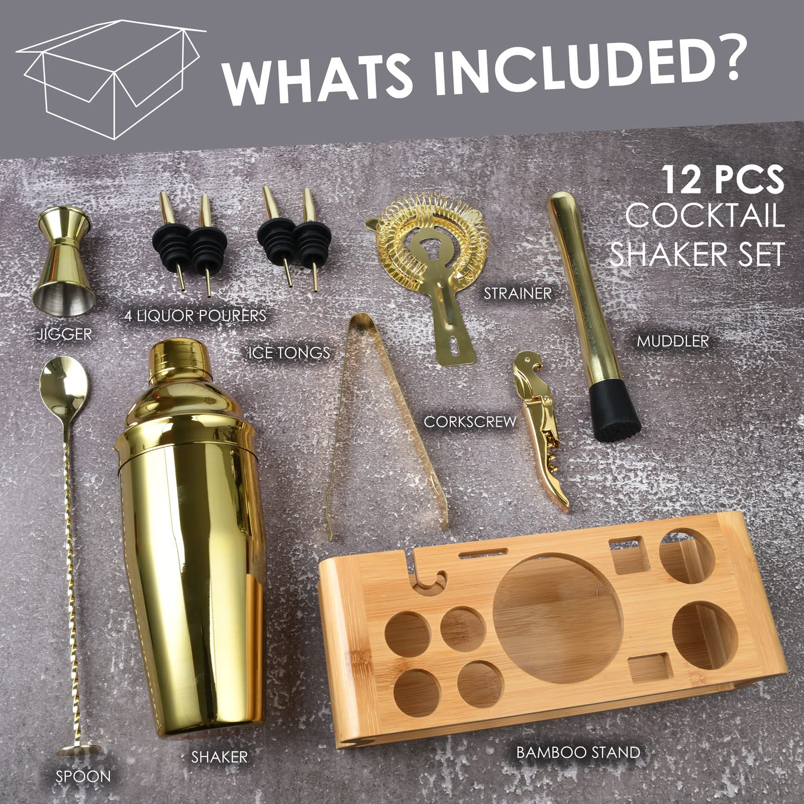 Esmula 12 Piece Bartender Kit with Bamboo Stand, 25oz Cocktail Shaker Set for Mixed Drink, Professional Bar Tool Set with Cocktail Recipes Booklet, Gift for Man Dad Friend (Gold)