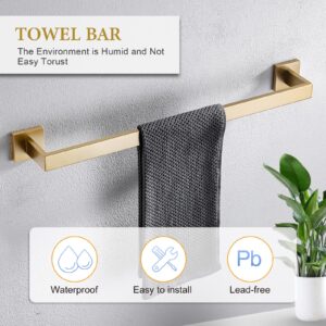 TNOMS 6-Piece Bathroom Hardware Set 23.6 Inch Gold Towel Bar Set Double Towel Bar Towel Ring Coat Hook and Toilet Paper Holder with Shelf Wall Mounted Stainless Steel Bathroom Accessories Set