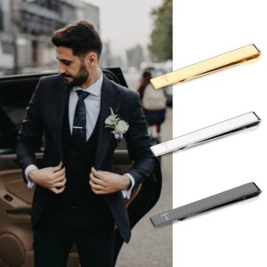 UBGICIG 3 Pcs Stainless Steel Tie Clips for Men Elegant Personalized Letter T Tie Clip Set for Men Classic Gold Silver Black Tone Tie Bar Father's Day Gifts Business Wedding Anniversary