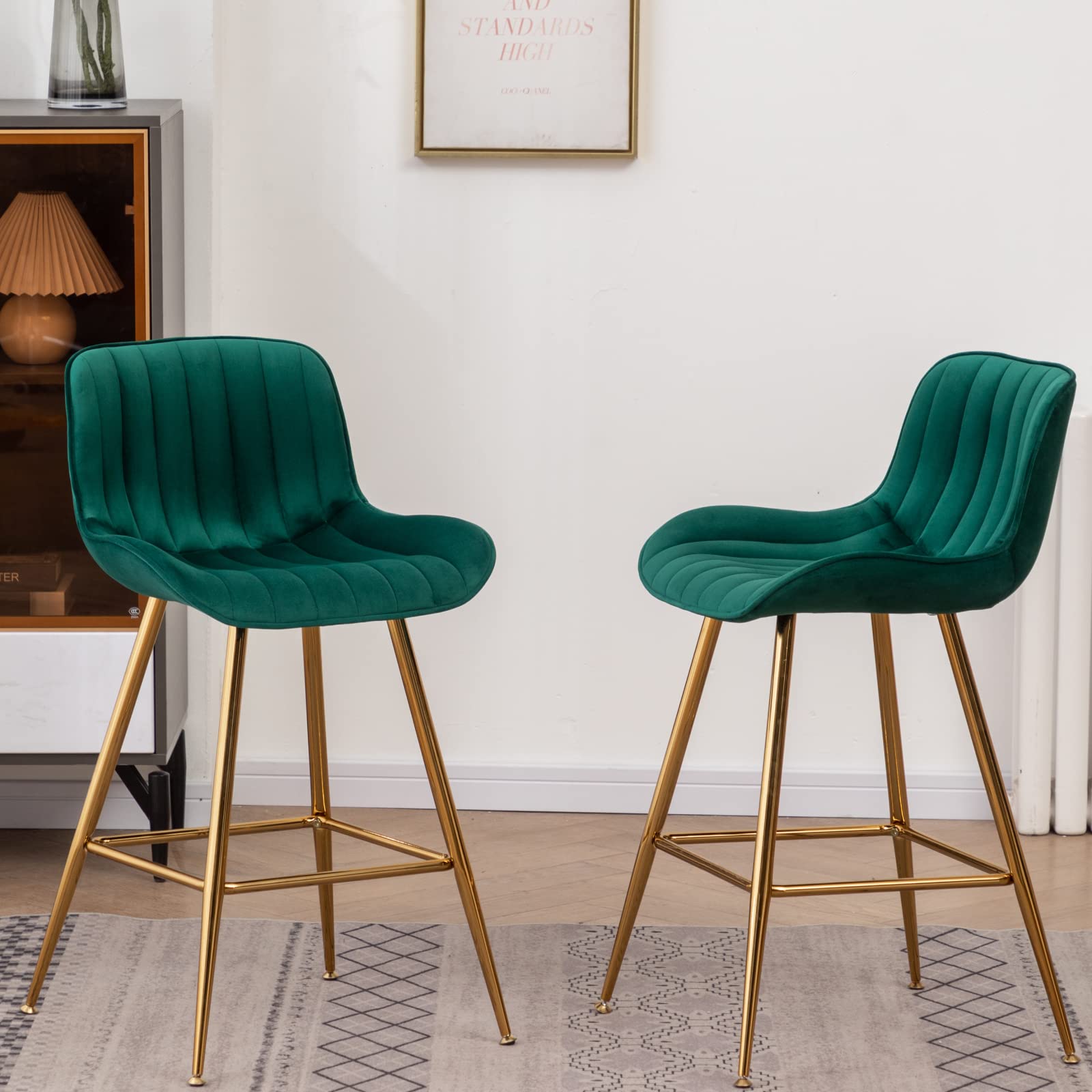 Whiterye Gold Bar Stools Set of 2 (Green), Bar Stools with Seat Height 24 inches, Counter Height Chairs for Bar, Pub, Kitchen Island.