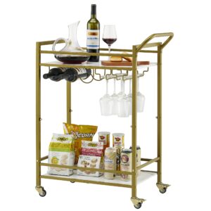 tajsoon 2-tier bar cart, mobile bar serving cart, industrial style wine cart for kitchen, beverage cart with wine rack and glass holder, rolling drink trolley for living room, gold & white