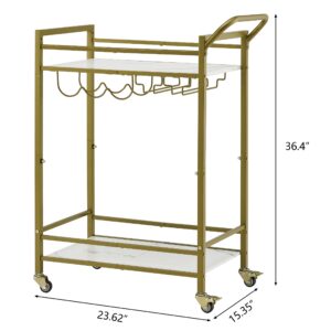 Tajsoon 2-Tier Bar Cart, Mobile Bar Serving Cart, Industrial Style Wine Cart for Kitchen, Beverage Cart with Wine Rack and Glass Holder, Rolling Drink Trolley for Living Room, Gold & White