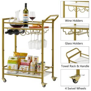 Tajsoon 2-Tier Bar Cart, Mobile Bar Serving Cart, Industrial Style Wine Cart for Kitchen, Beverage Cart with Wine Rack and Glass Holder, Rolling Drink Trolley for Living Room, Gold & White