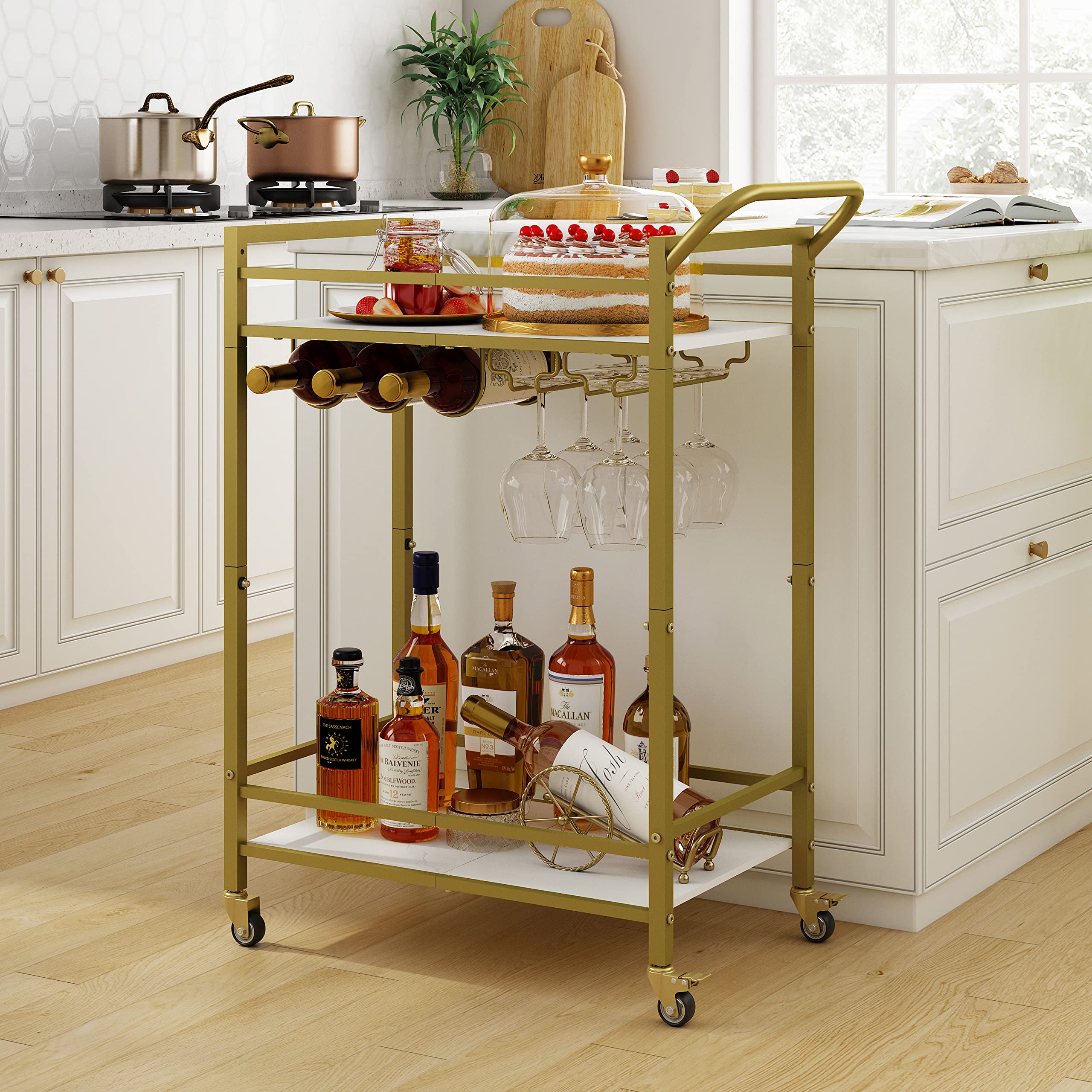 Tajsoon 2-Tier Bar Cart, Mobile Bar Serving Cart, Industrial Style Wine Cart for Kitchen, Beverage Cart with Wine Rack and Glass Holder, Rolling Drink Trolley for Living Room, Gold & White