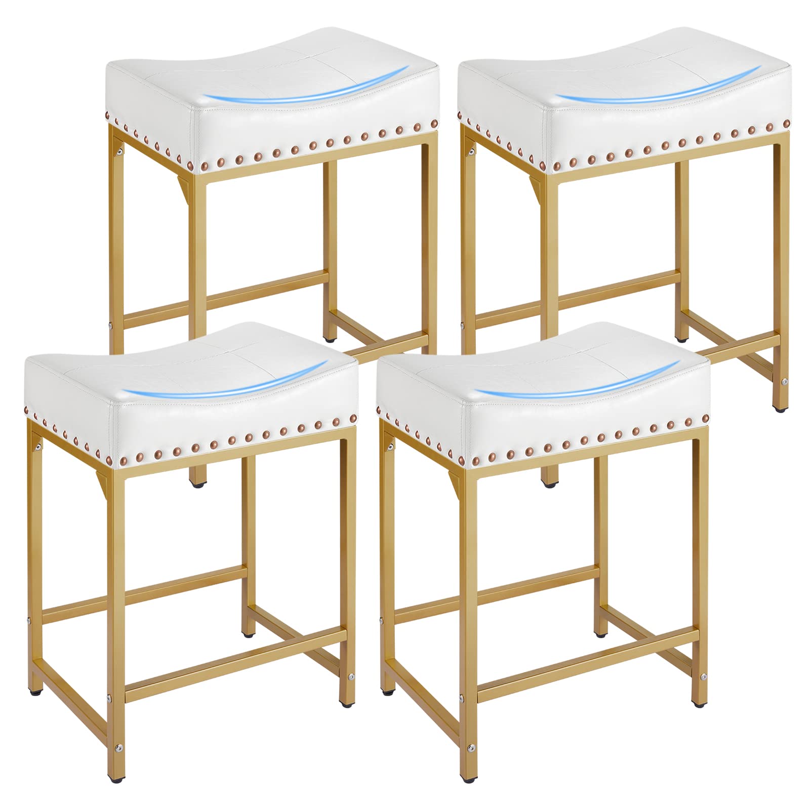 FLYZC Bar Stools Set of 4 Counter Height, 24" Modern White & Gold Counter Stools Set of 4, Stools for Kitchen Counter, Modern White Barstools Saddle Stool Backless Island Chairs (White+Gold)