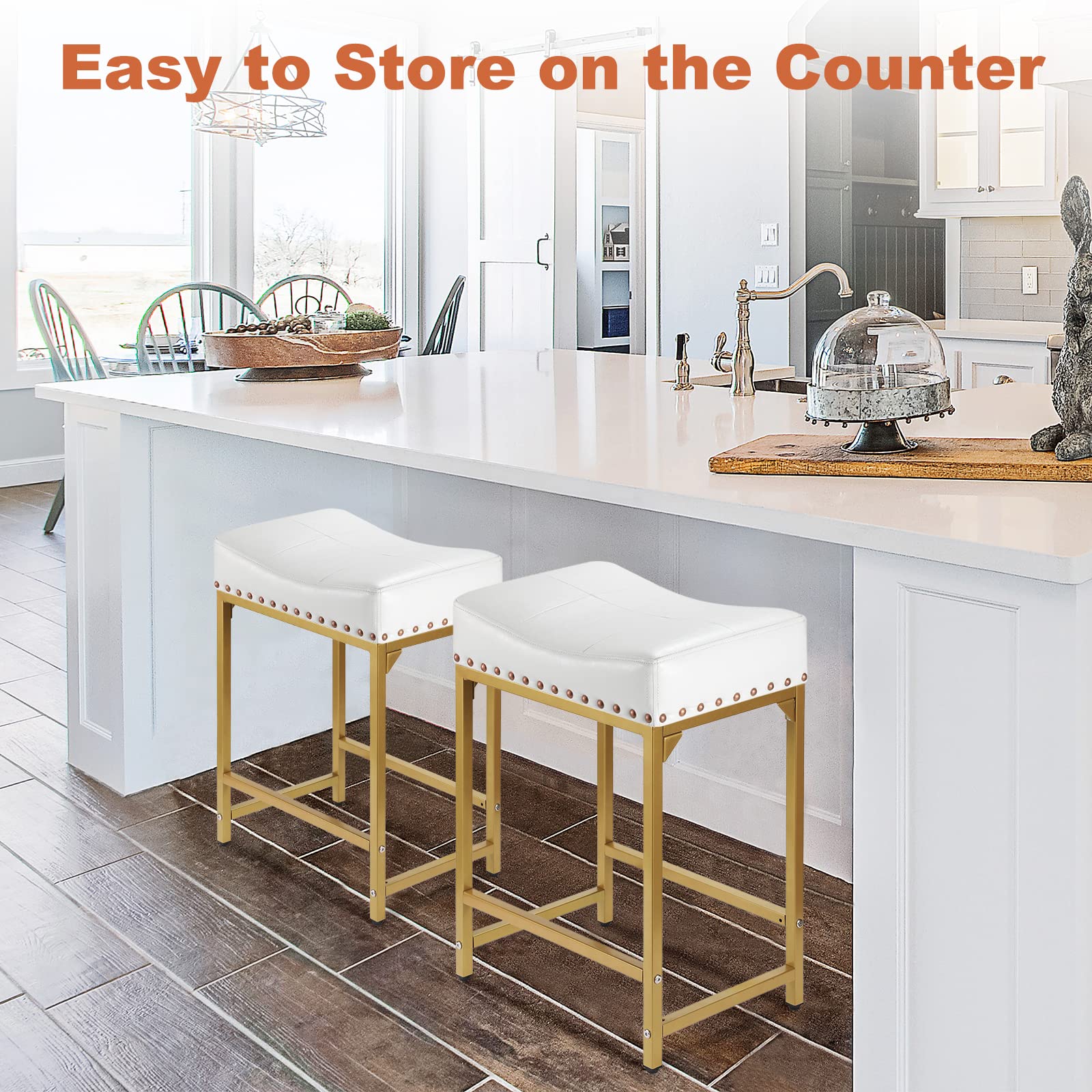 FLYZC Bar Stools Set of 4 Counter Height, 24" Modern White & Gold Counter Stools Set of 4, Stools for Kitchen Counter, Modern White Barstools Saddle Stool Backless Island Chairs (White+Gold)