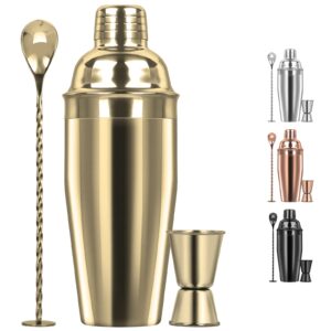 large 24oz cocktail shaker set, stainless steel 18/8 martini mixer shaker with built-in strainer, measuring jigger & mixing spoon, martini shaker set, perfect for bartender and home use, gold