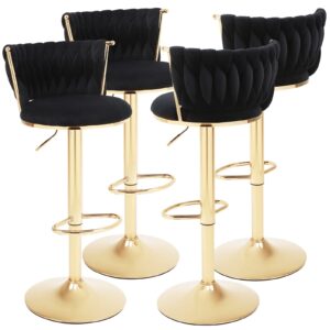 oduwa velvet barstool set of 4,woven 360° swivel counter height bar stools with gold metal legs,modern adjustable dining kitchen pub accent chair with back and footrest counter height dining chairs