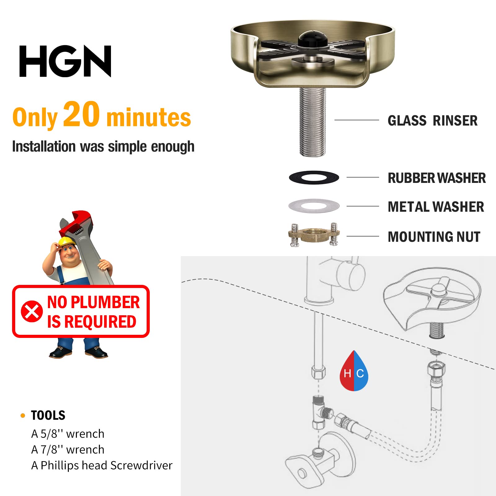 HGN Stainless Steel Glass Rinser for Kitchen Sinks,Bottles Washer For Bar, Kitchen Sink Faucet Cup Rinser,Kitchen Sink Accessories, Brushed Gold