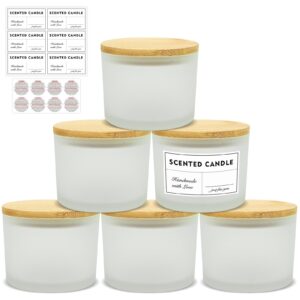 supmind 16oz 3 wick candle jars 6 pack - large empty frosted glass candle making jars with bamboo lids, with stickers and labels, bulk candle jars for making candles containers - dishwasher safe