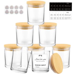 connoo 8 pack 14 oz clear glass candle jars with bamboo lids for making candles, large size empty candle tins with sticky labels - leakproof & dishwasher safe.