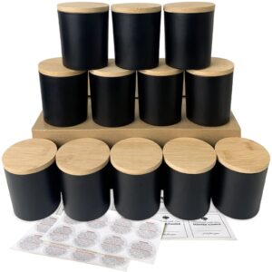 connoo 12 pack 10 oz matte black glass candle jars for making candles with airtight bamboo lids nice sticky warning labels for candle making empty container bulk - dishwasher safe