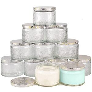 art secret 4oz embossed glass candle container with tin lid and labels (pack of 12, clear)