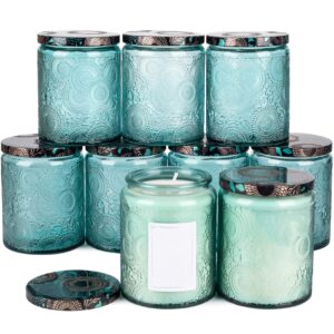 8oz embossed glass candle container with tin lid and labels (blue)