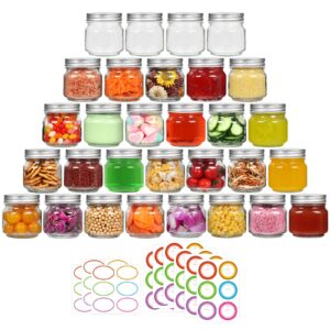 30 pack small mason jars 8 oz with lids, half pint canning jars with 72 free labels, regular mouth glass jars for canning, preserving, candle, diy & meal prep