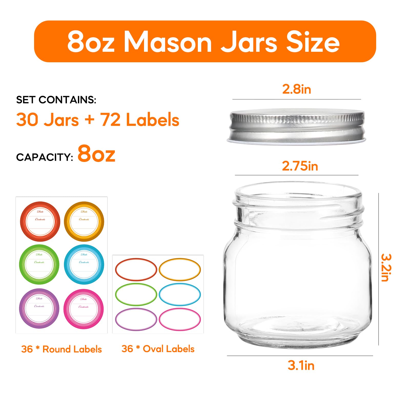 30 Pack Small Mason Jars 8 oz with Lids, Half Pint Canning Jars with 72 Free Labels, Regular Mouth Glass Jars for Canning, Preserving, Candle, DIY & Meal Prep