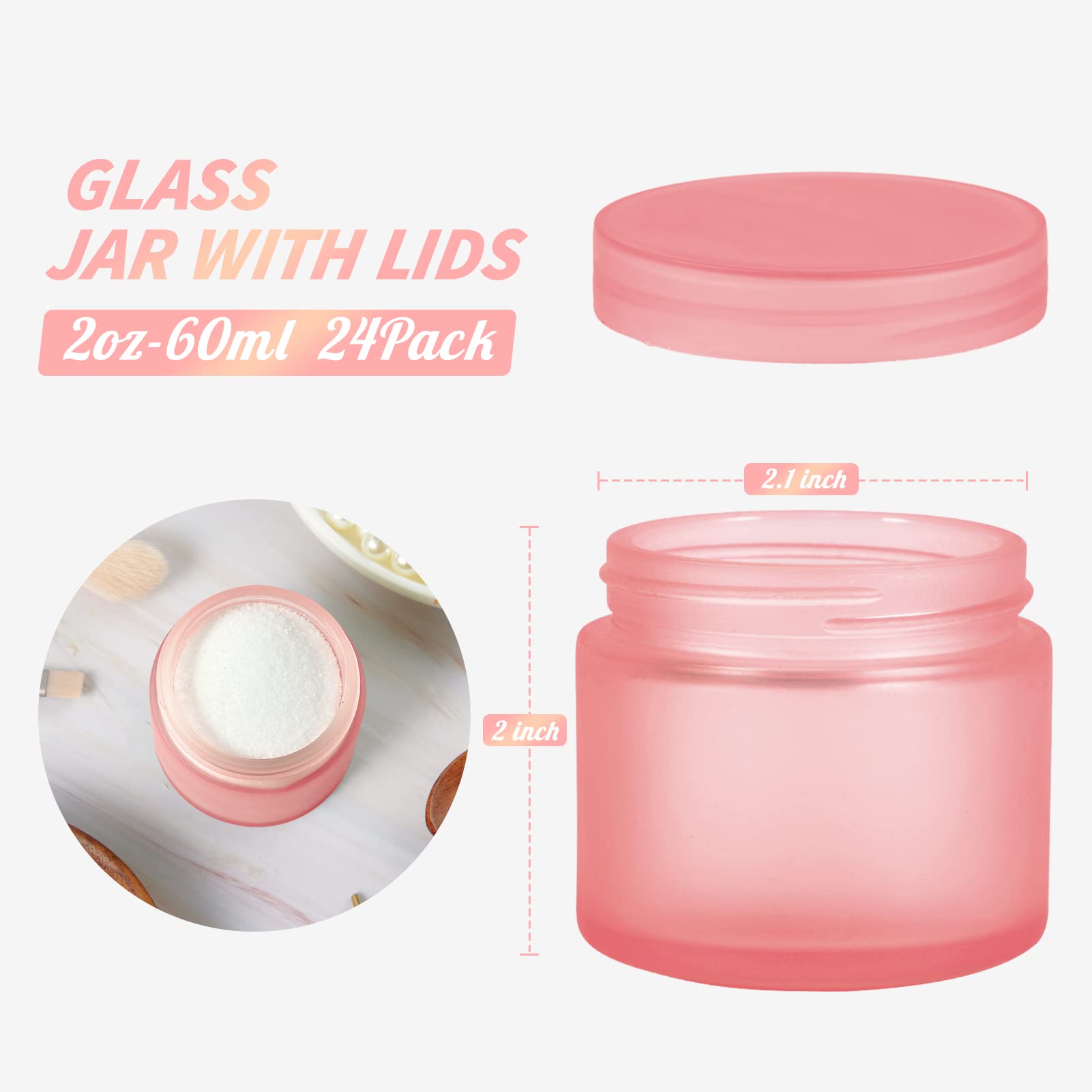 2oz Glass Jars 24 Pack, Hoa Kinh Mini Round Pink Frosted Glass Jars with Inner Liners and Pink Lids, Perfect for Storing Lotions, Powders and Ointments.