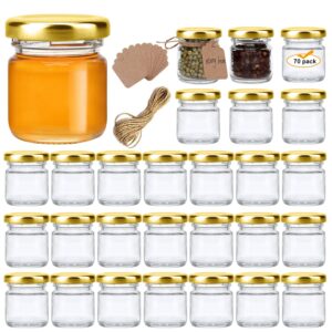 encheng 1.5oz mini glass jars bulk set of 70,round small 45ml honey jars with golden lids,clear mini storage canning jar for candle making,spice,jelly,jam,wedding,party favor