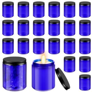 32 pcs 8 oz glass jars with black metal lids round empty candle making jar bulk small candle jars leakproof canning body butter containers for spice powder liquid food storage (blue)