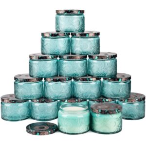 art secret 4oz embossed glass candle container with tin lid and labels (blue)