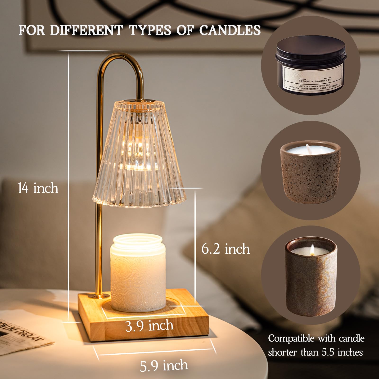 Marycele Candle Warmer Lamp, Electric Candle Lamp Warmer, Mothers Day Gifts for Mom, House Warming Gifts New Home Bedroom Decor Dimmable Wax Melt Warmer for Scented Wax with 2 Bulbs, Jar Candles