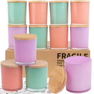 connoo 12 pack 10 oz spring color glass candle jars for making candles with airtight bamboo lids nice sticky warning labels for candle making empty container bulk - dishwasher safe