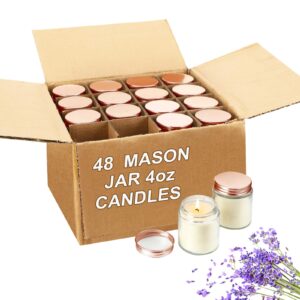 jutom 48 pack mini mason jar candles 4 oz small lavender scented wax candles bulk for wedding valentine baby shower party favors aromatherapy candles for home meditation(rose gold lid)