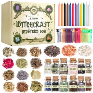 witchcraft starter kit, witchcraft supplies for wiccan altar- 63 pack of crystals dried herbs, colored magic candles, charm bags and ritual witches salt for spells, baby witches