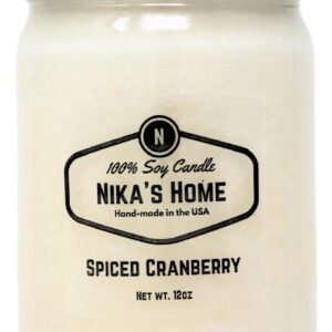 Nika's Home Spiced Cranberry Soy Candle 12oz Mason Jar Non-Toxic White Soy Candle-Hand Poured Handmade, Long Burning 50-60 Hours Highly Scented All Natural, Clean Burning Candle Gift Décor