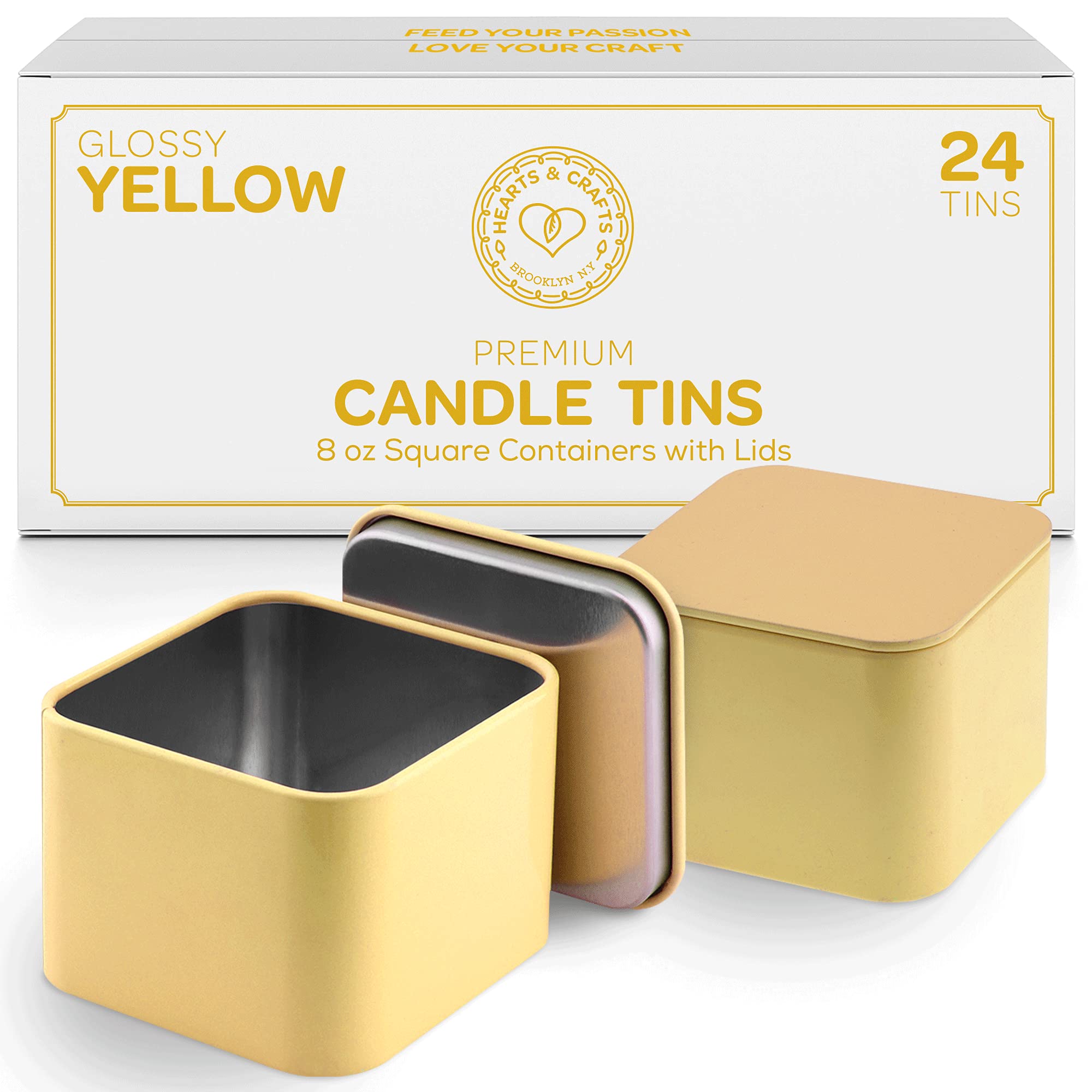 Hearts & Crafts Yellow Square Candle Tins 8 oz with Lids - 24-Pack of Bulk Candle Jars for Making Candles, Arts & Crafts, Storage, Gifts, and More - Empty Candle Jars with Lids (Metal)