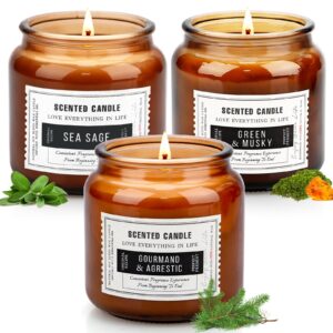 [300h, 46.5oz] candles for home scented, 3 pack large jar soy candles, sage candles, aromatherapy candles set for stress relief, candles for men & women, glass amber jar candles