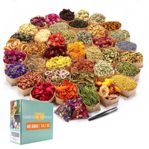 40 bags natural dried flowers kit, natural dried herbs with 2 mesh drawstring bag for soap,candle,resin jewelry making,bath,nail - rose petals,rosebuds,lilium,jasmine,don't forget me and more