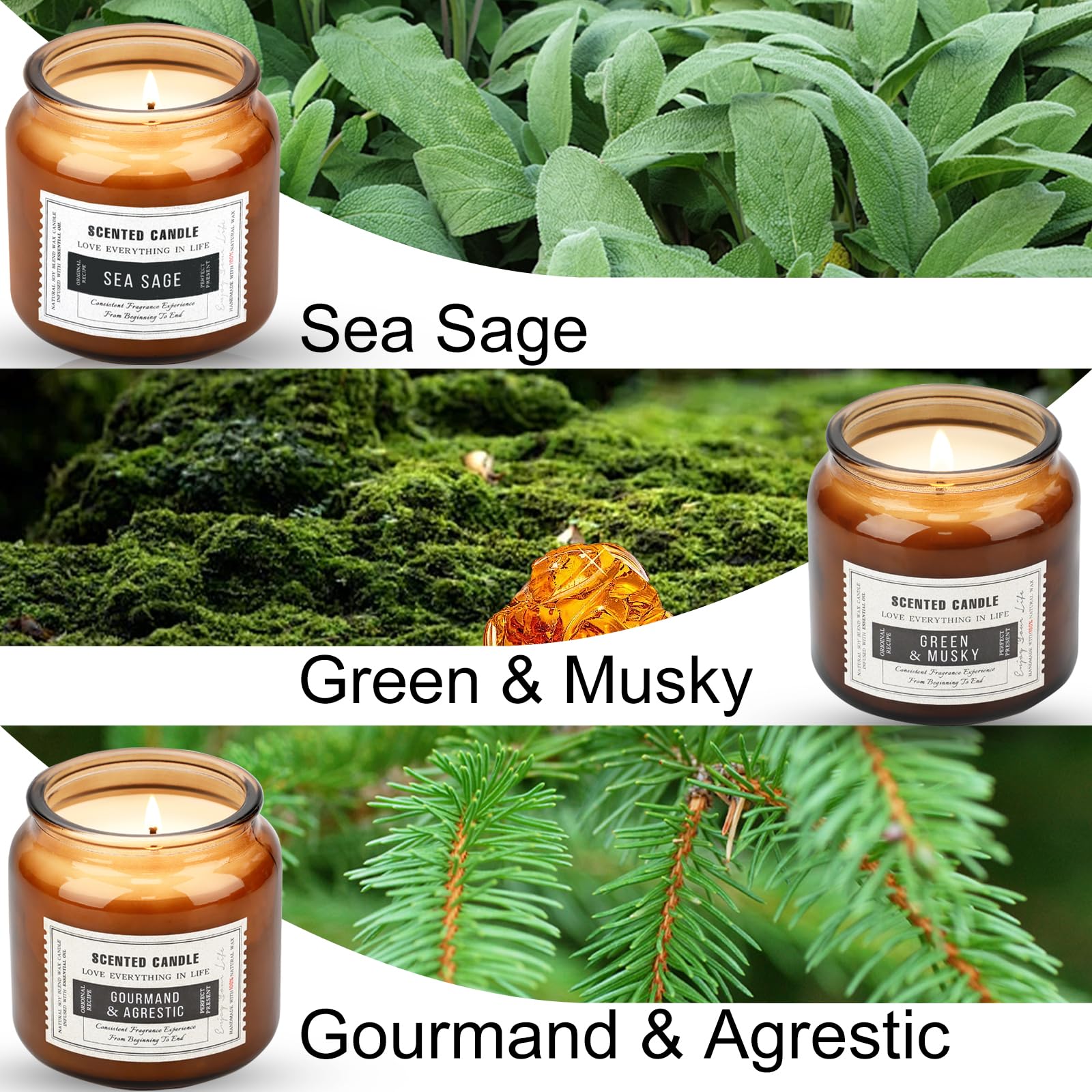 [300H, 46.5oz] Candles for Home Scented, 3 Pack Large Jar Soy Candles, Sage Candles, Aromatherapy Candles Set for Stress Relief, Candles for Men & Women, Glass Amber Jar Candles