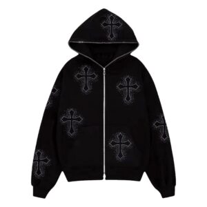 nechariy2k cross rhinestone hoodie women's full zip up over face vintage jacket pullover aesthetics oversized sweatshirt