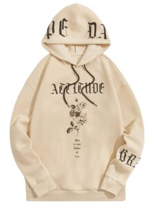 wdirara men's letter floral print drawstring long sleeve hoodie casual sweatshirt beige s