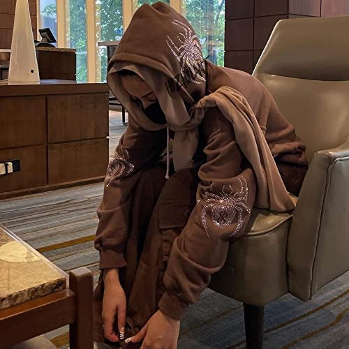 YEOU Women Rhinestone Y2K Spider Skeleton Hoodies Punk Jackets Streetwear Goth Harajuku Oversized Zip Up Hoodie Brown