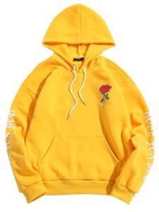 zaful men's fleece hoodie unisex rose letter print hooded pullover kangaroo pocket sweatshirt yellow xl