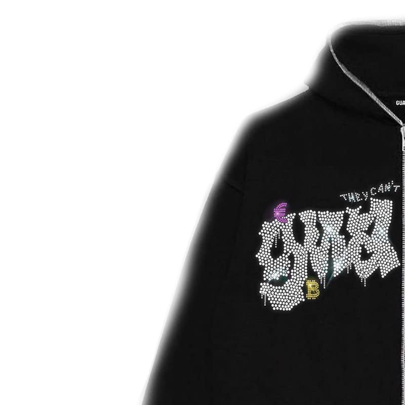 Faretumiya Women Men Rhinestone Hoodie Y2k Graphic Zip Up Unisex Sweatshirt Sparekly Oversized Pullover Jacket Streetwear（black two，Medium）