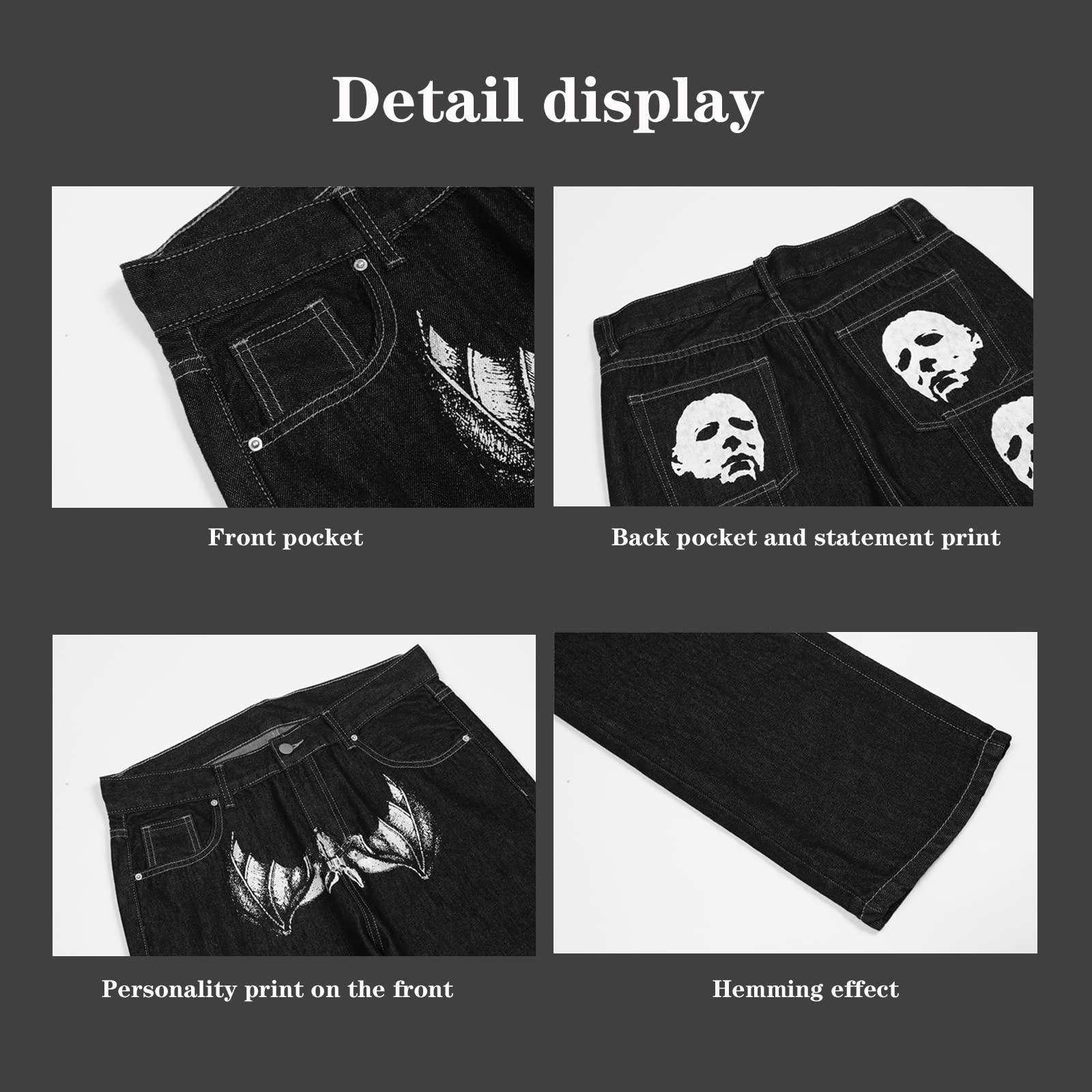 Hip Hop Gothic Denim Pants Streetwear Mens Graphic Print Baggy Punk Rock Jeans Harajuku Casual Loose Jean Trousers (Pants,XL,X-Large)