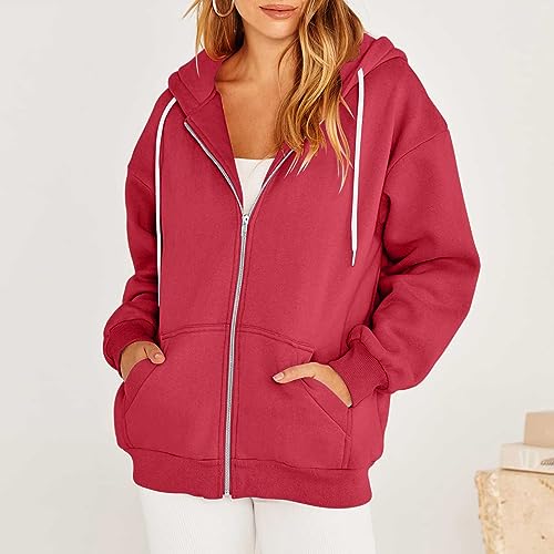 prime deals of the day today only clearance crewneck sweatshirts Womens Zip Up y2k Hoodies Fall Fashion Oversized Long Sleeve Hooded Sweatshirt Casual Lightweight Jacket With Pockets Red M