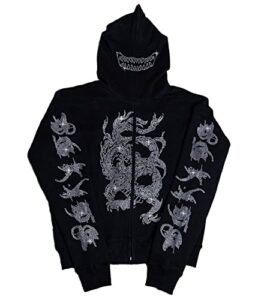 njnjgo womens zip up skeleton glitter gothic y2k jacket, rhinestone punk dark e-girl hooded sweatshirt