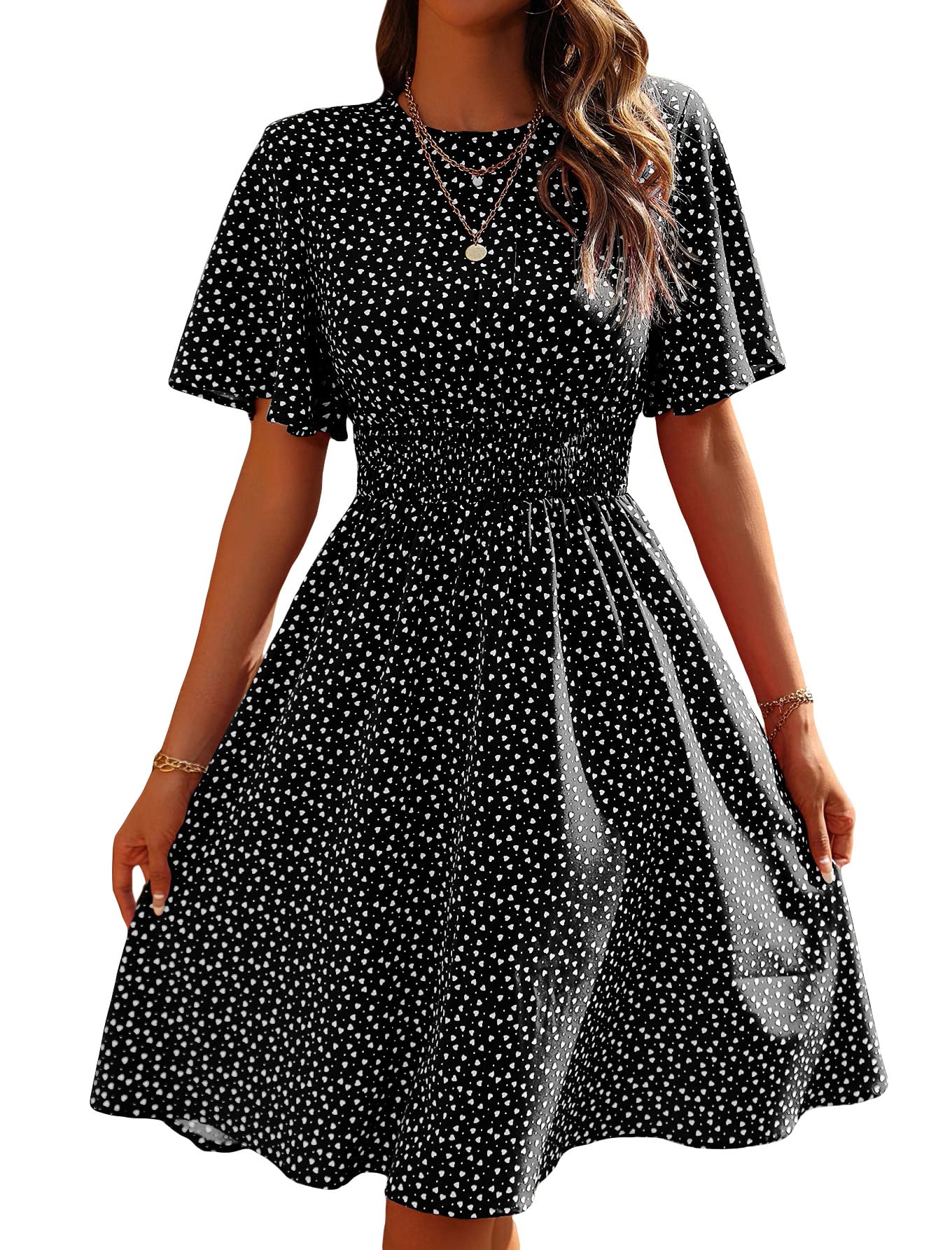 Floerns Women's Confetti Heart Print Butterfly Sleeve Flared A Line Midi Dress Black and White XL