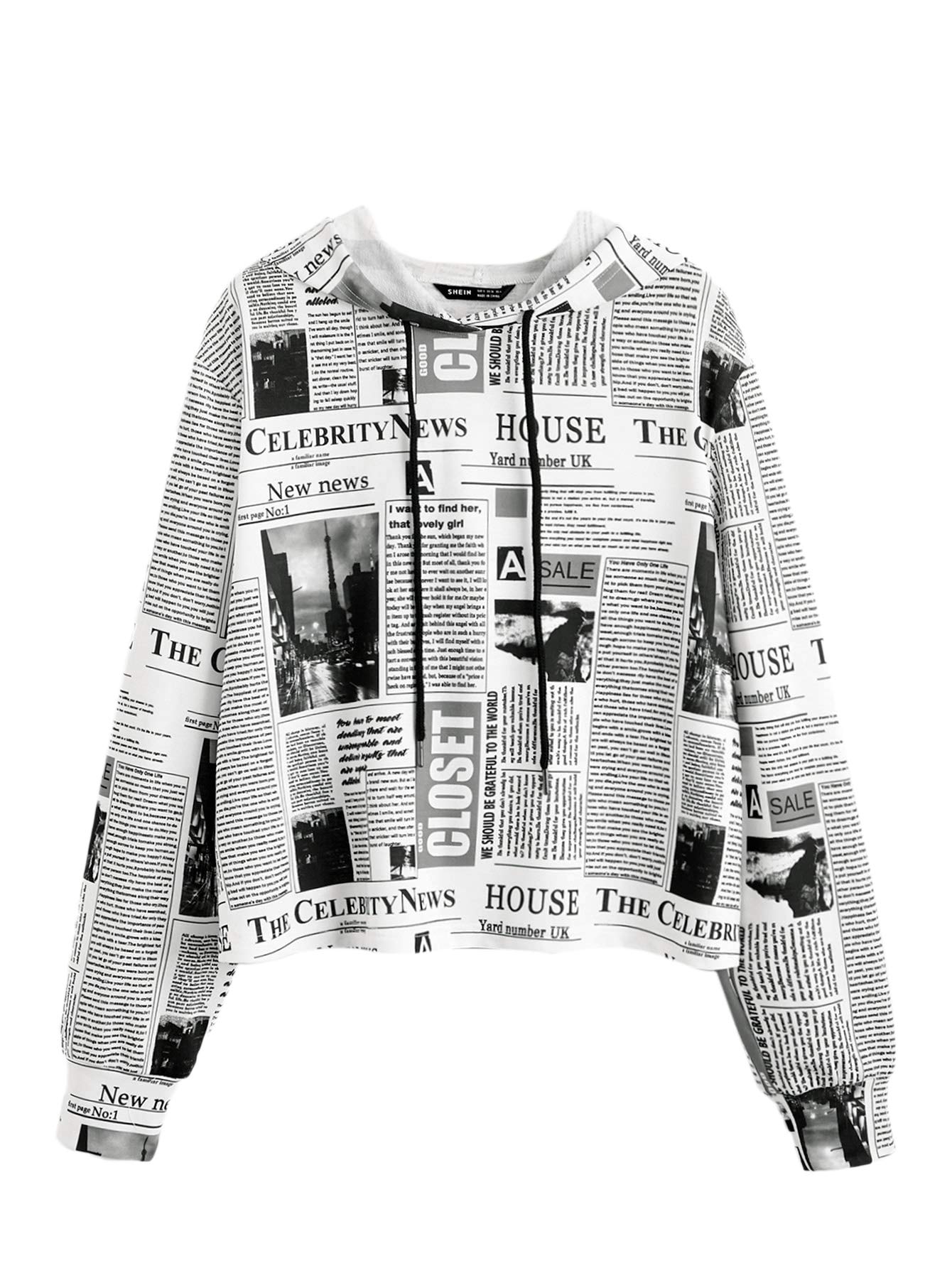 WDIRARA Women's Newspaper Print Long Sleeve Drawstring Hoodie Casual Sweatshirts Black and White L