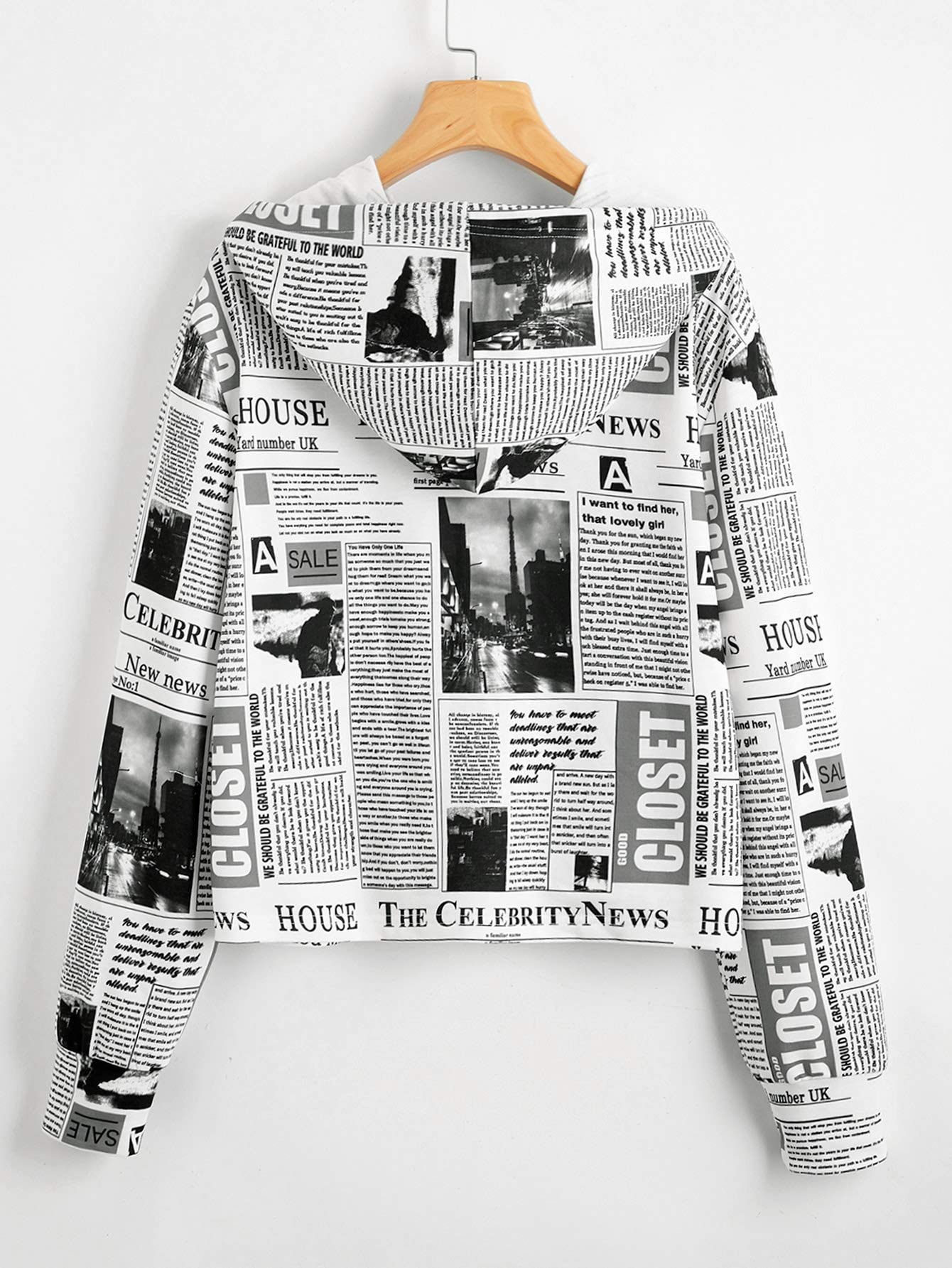 WDIRARA Women's Newspaper Print Long Sleeve Drawstring Hoodie Casual Sweatshirts Black and White L