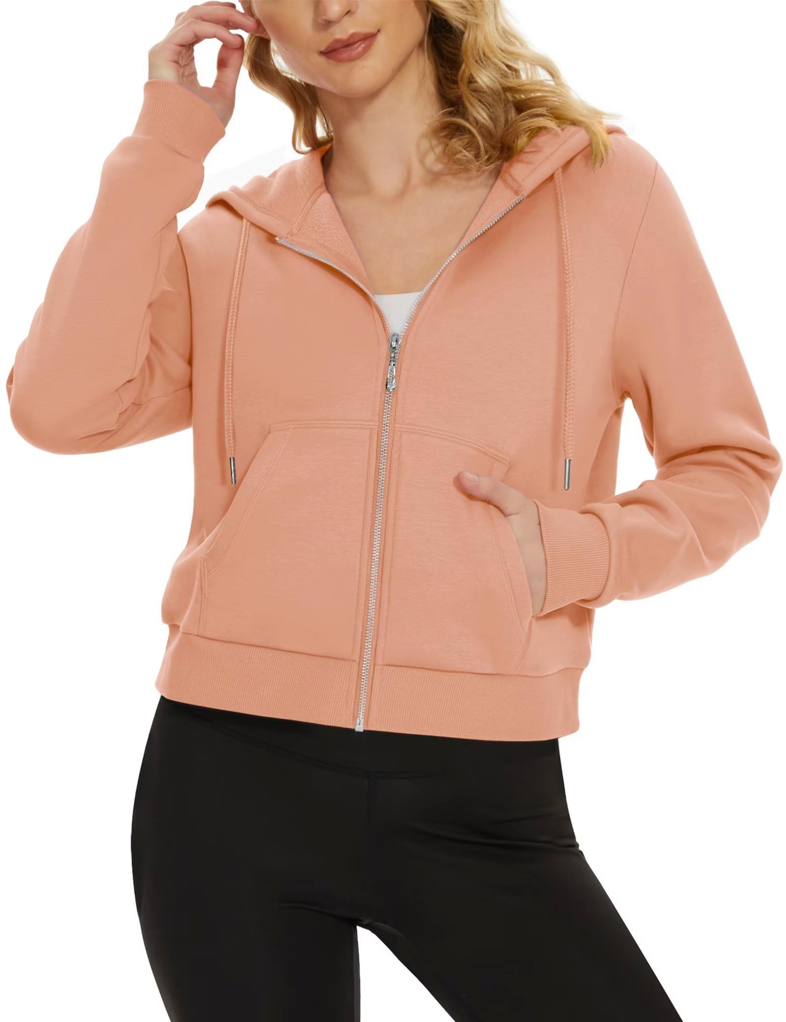 MAGCOMSEN Zip Up Hoodie Women Cropped Sweatshirt Fleece Lined Jacket Athletic Apricot L